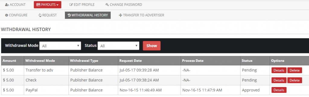 Withdrawal History | XYZScripts Help